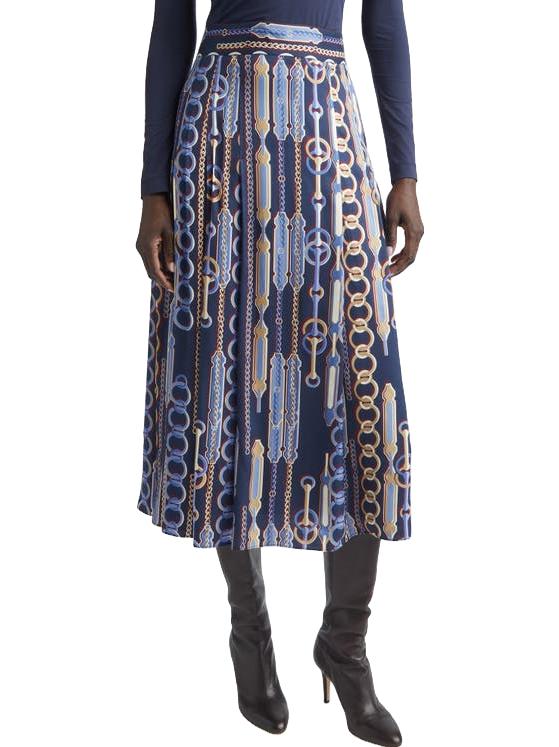 ST. JOHN ST. JOHN Heritage Chain Bridle Print Pleated Midi Skirt